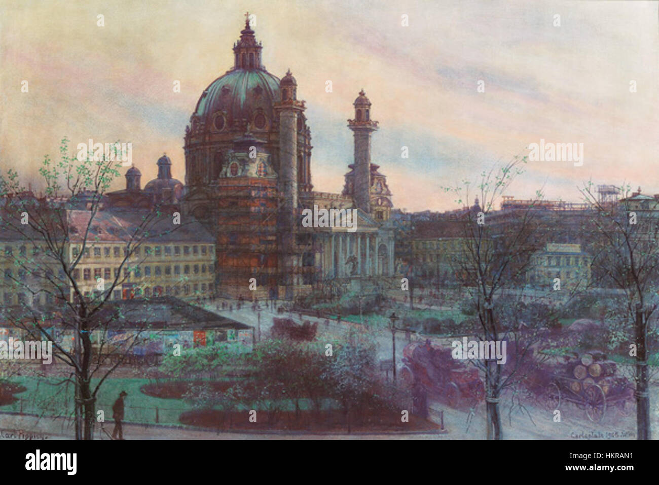 The painting by Carl Pippich depicts the Karlskirche, a baroque church ...