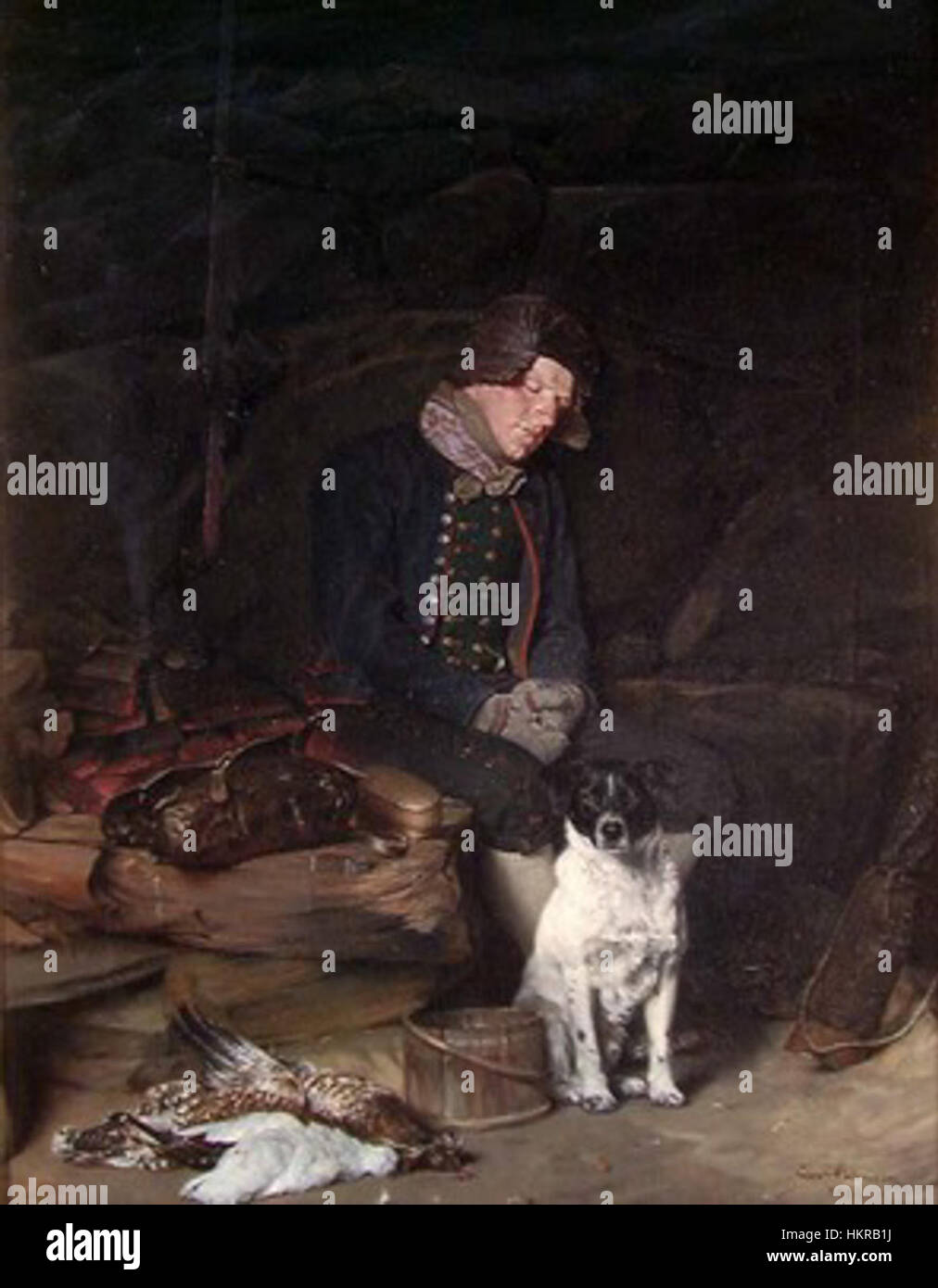 A painting by Carl Sundt-Hansen titled 'Sovende jeger' (Sleeping Hunter ...