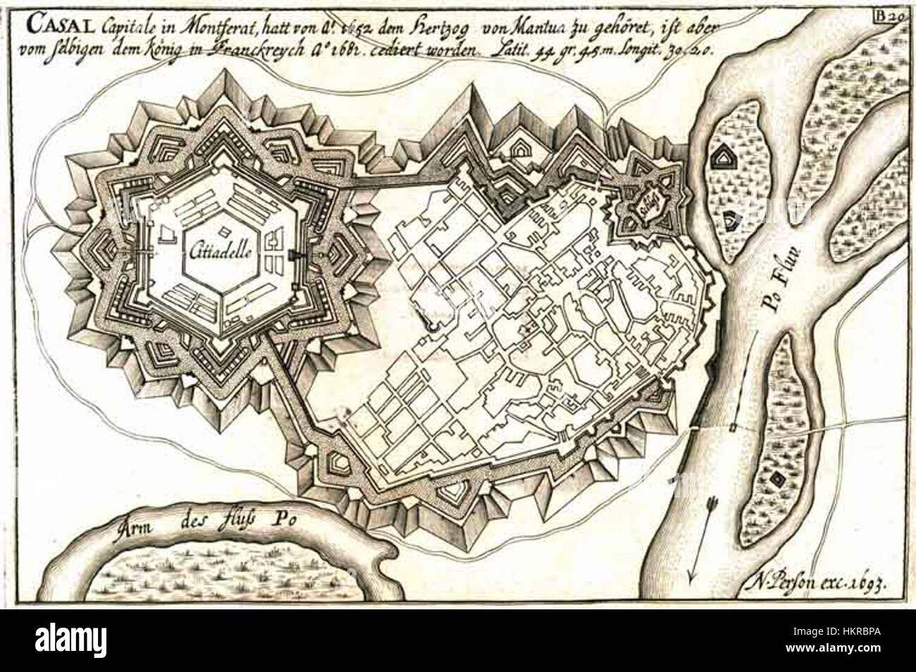 A historical map of Casale Monferrato, located in the Piedmont region of Italy, showcasing the ...