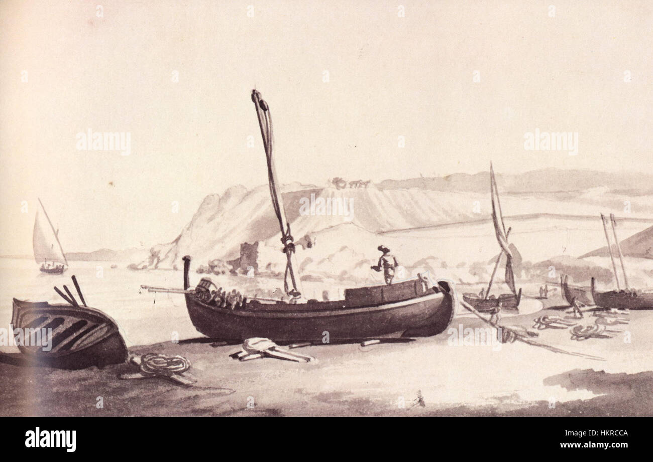 A painting by Antoine Roux featuring a coastal scene with Catalan boats ...
