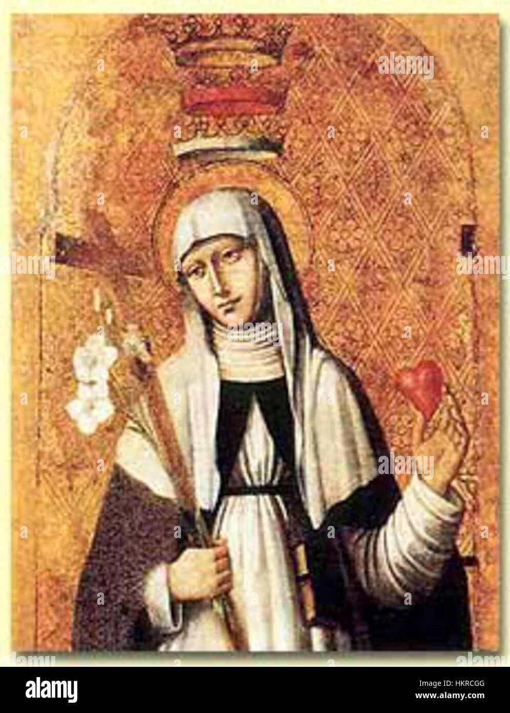 This artwork features the image of Saint Catharina of Siena, crowned as ...