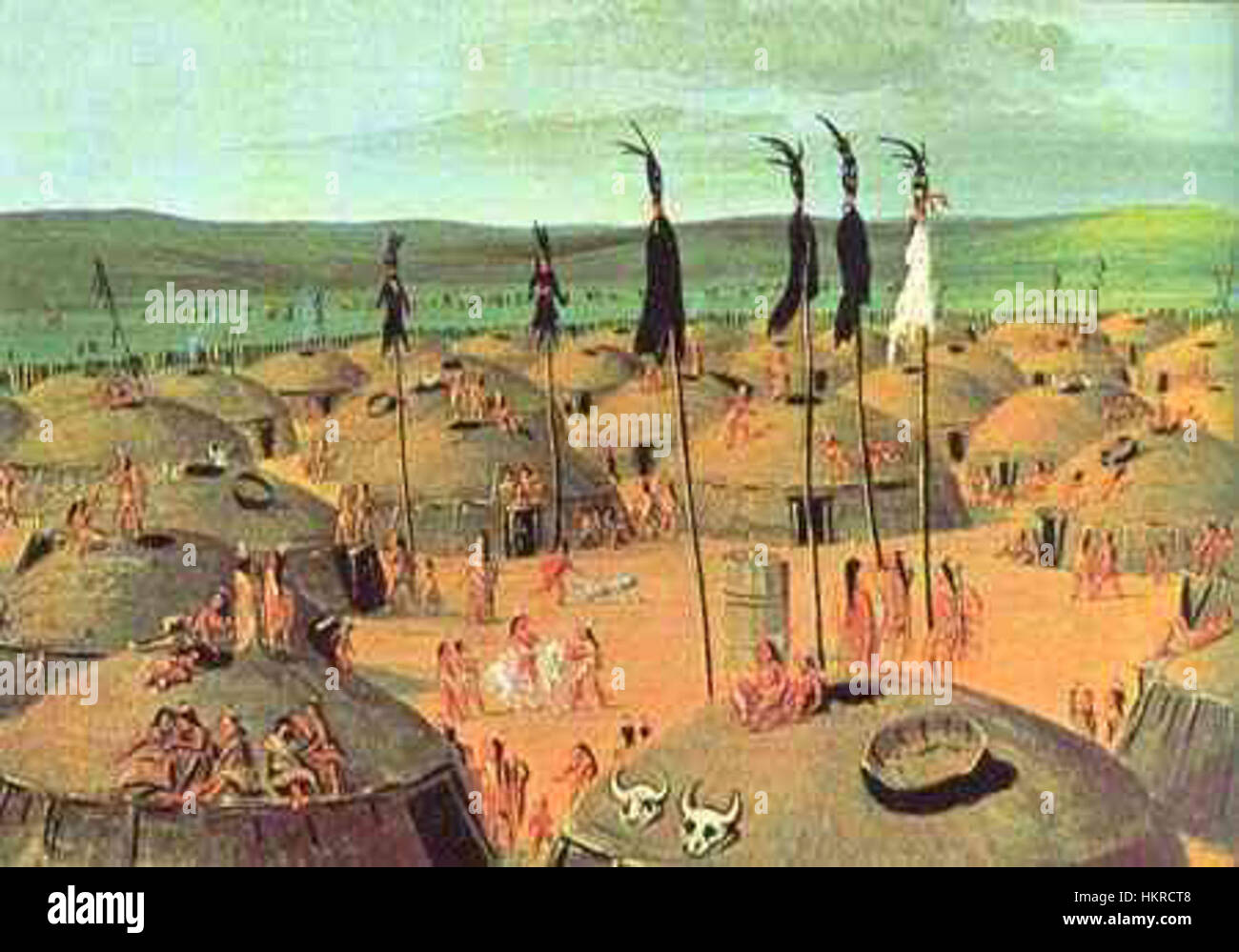 This painting by George Catlin depicts a Mandan village, offering a ...
