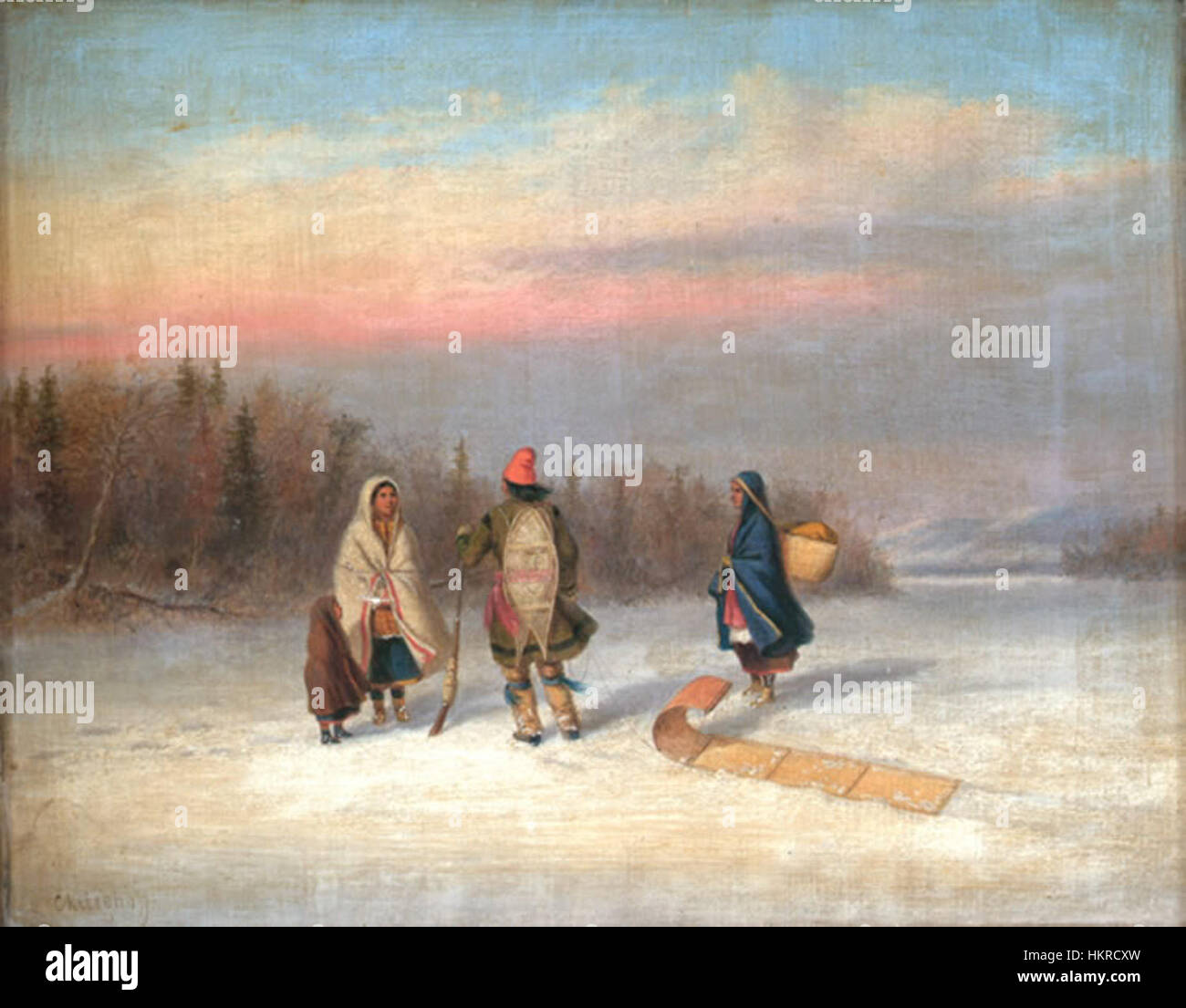 Oil painting titled 'Caughnawaga Indians in Snowy Landscape' by ...