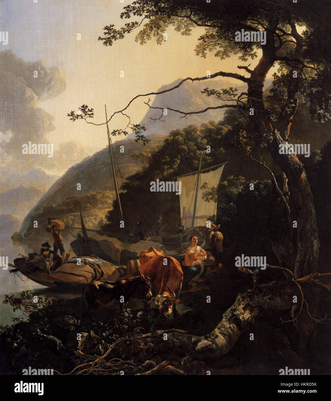 This 1668 painting by Adam Pynacker depicts boatmen moored on a lake ...