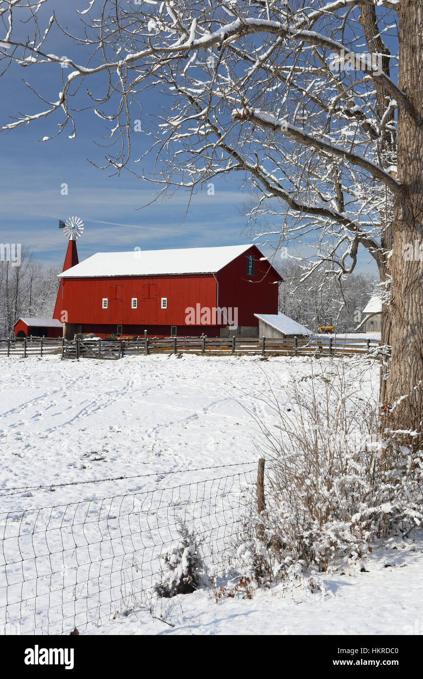 Red Barn In Winter Snow. Historic Barn. Old red barn at Daniel Arnold ...