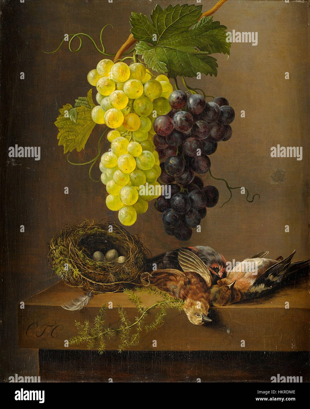A still life painting titled 'Stillleben mit Trauben', capturing grapes ...