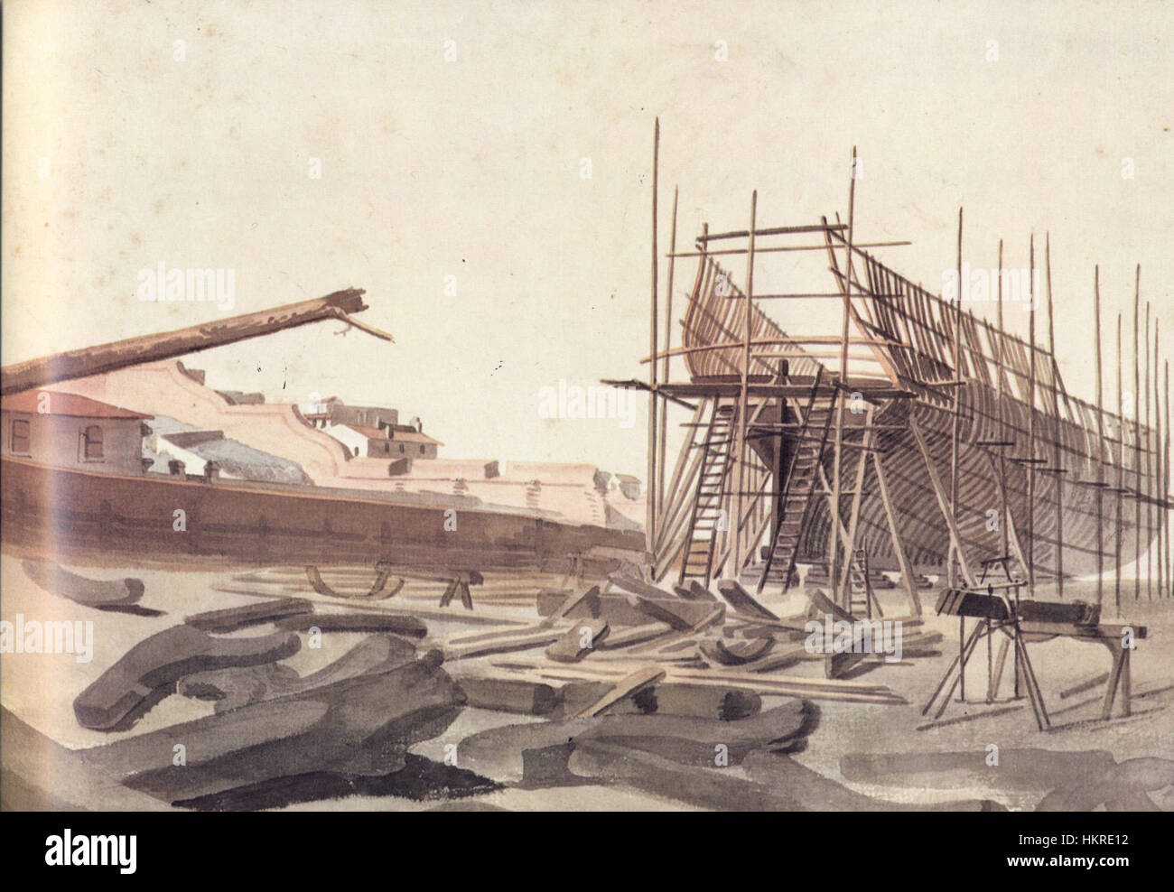 This maritime painting by Antoine Roux depicts a shipyard scene in ...