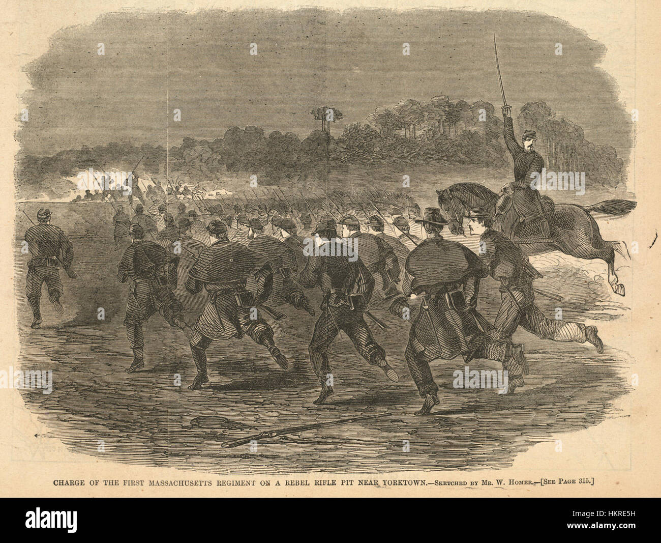 This historical painting depicts the charge of the First Massachusetts ...