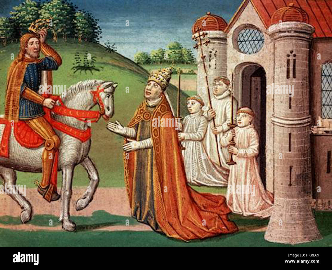 The painting depicting Charlemagne and Pope Adrian I illustrates the ...