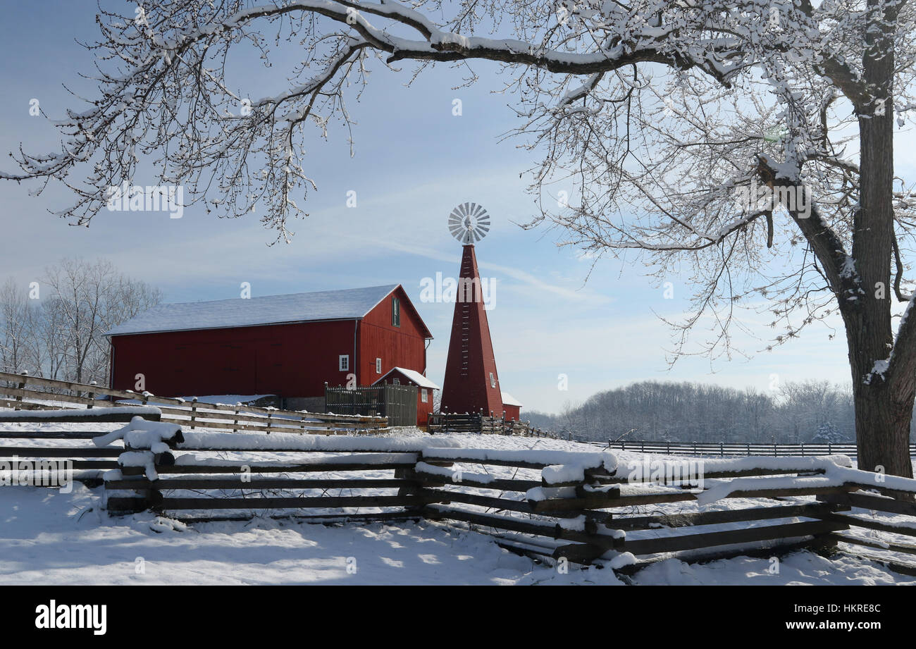 Red Barn In Winter Snow. Historic Barn. Old red barn at Daniel Arnold ...