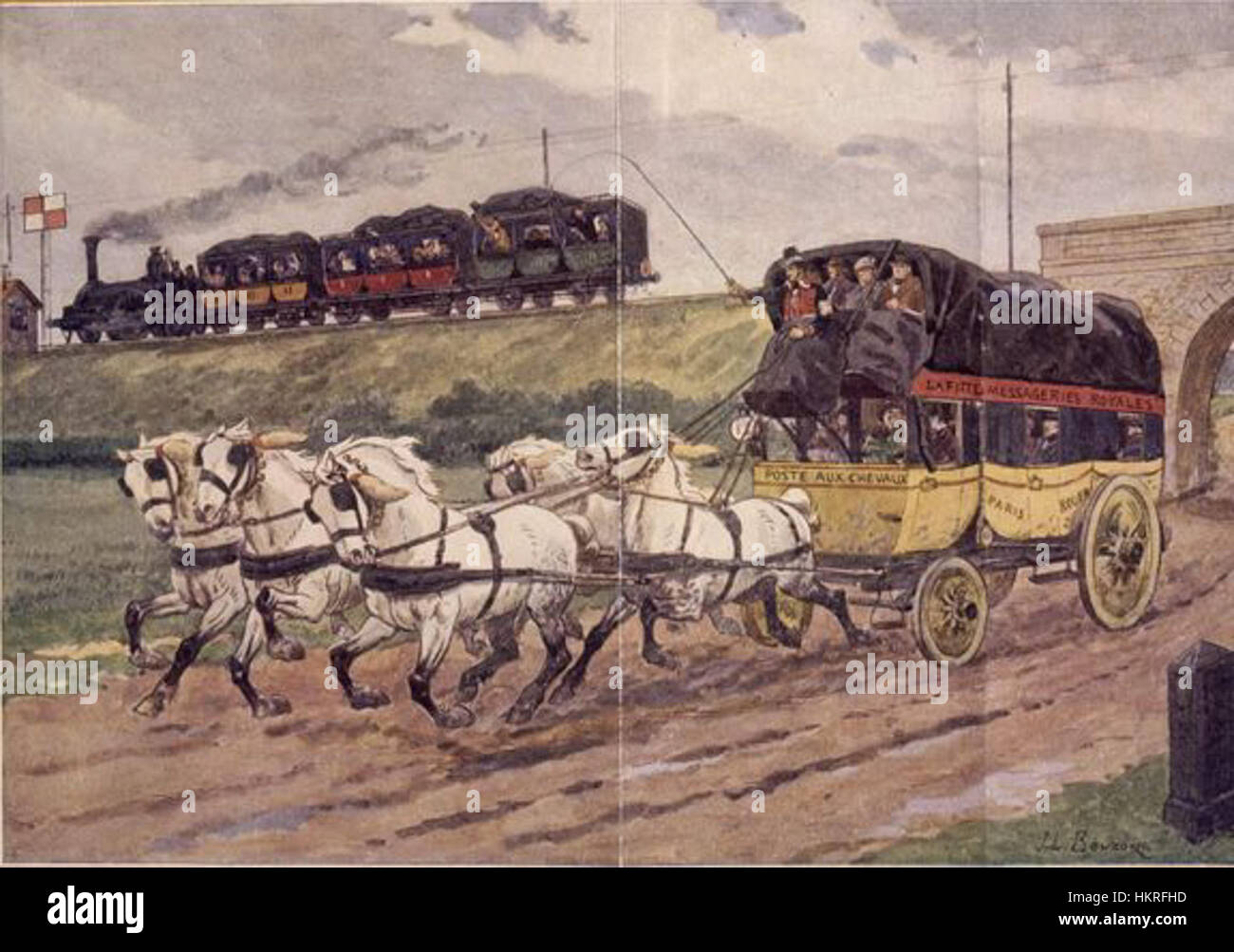 'Chemin de fer et diligence' is a historical painting depicting the ...