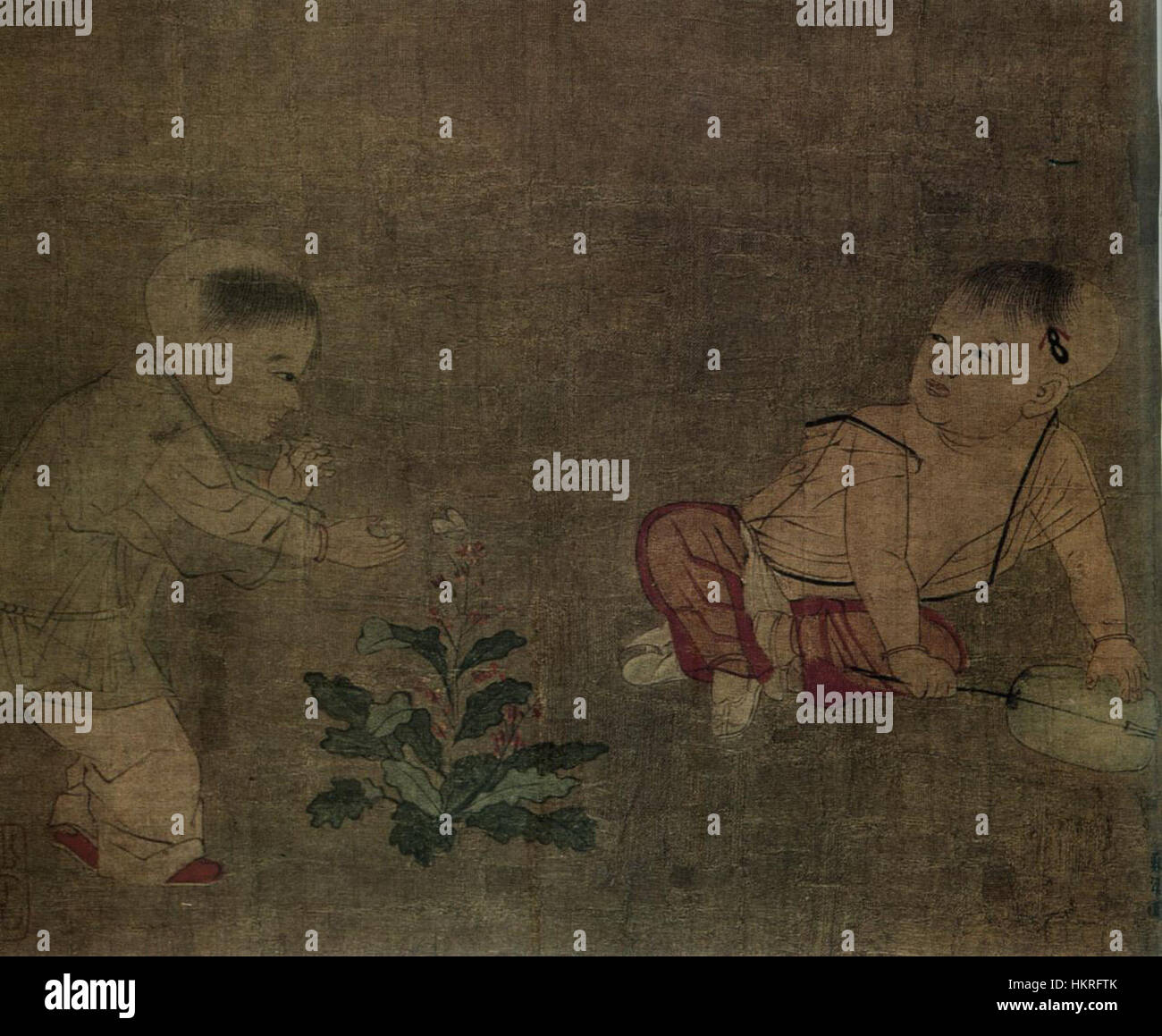 This painting captures children playing in an outdoor setting ...