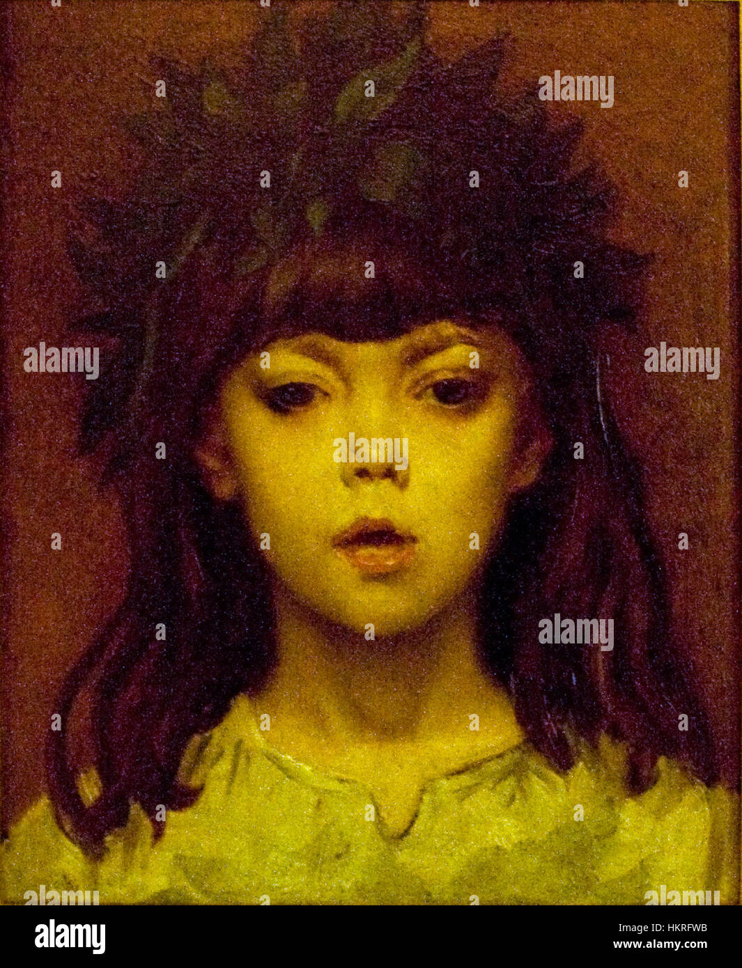 This classical portrait depicts a child crowned with laurels ...