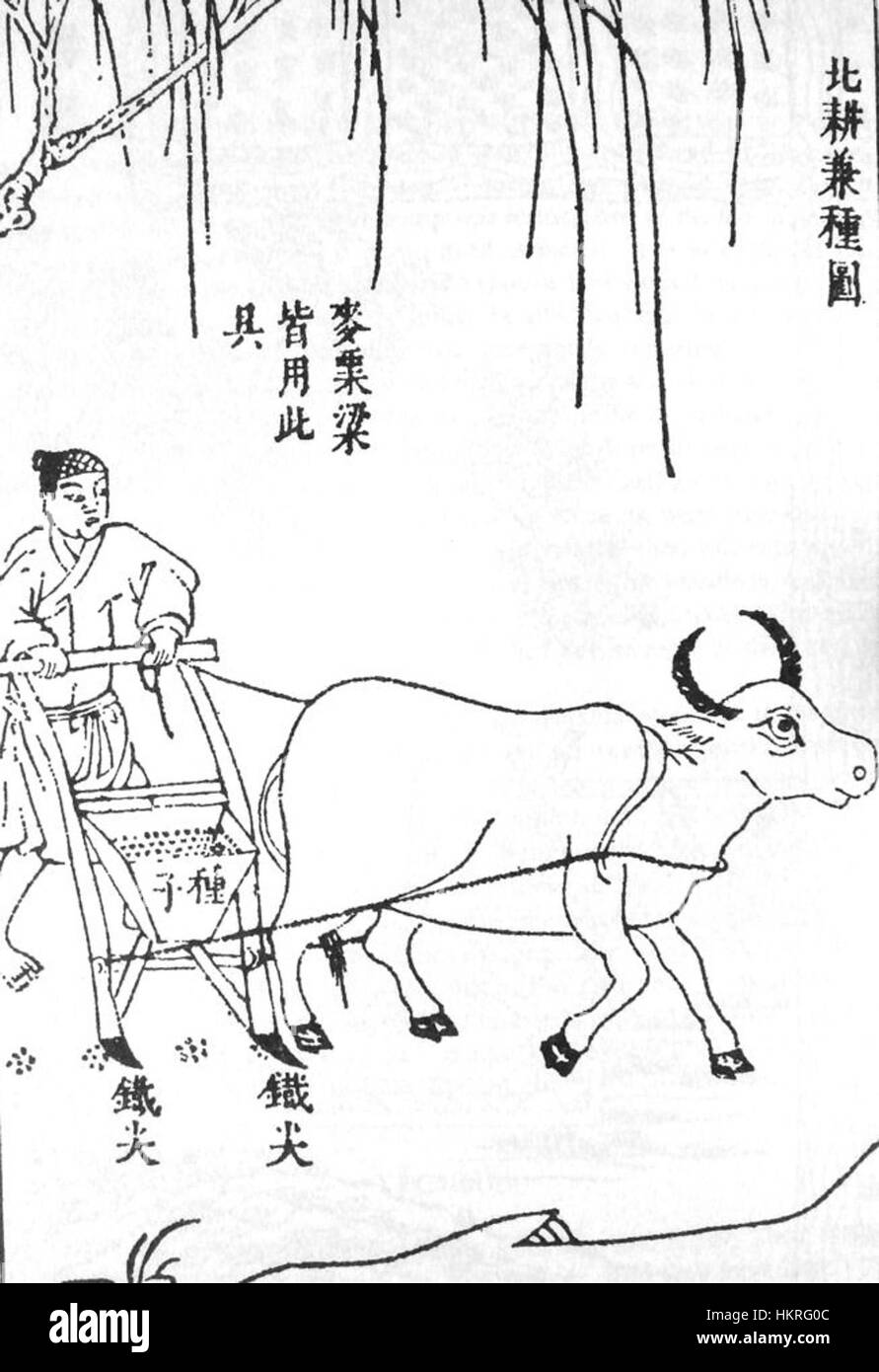 A depiction of a Chinese seed drill from the 17th century, a farming ...