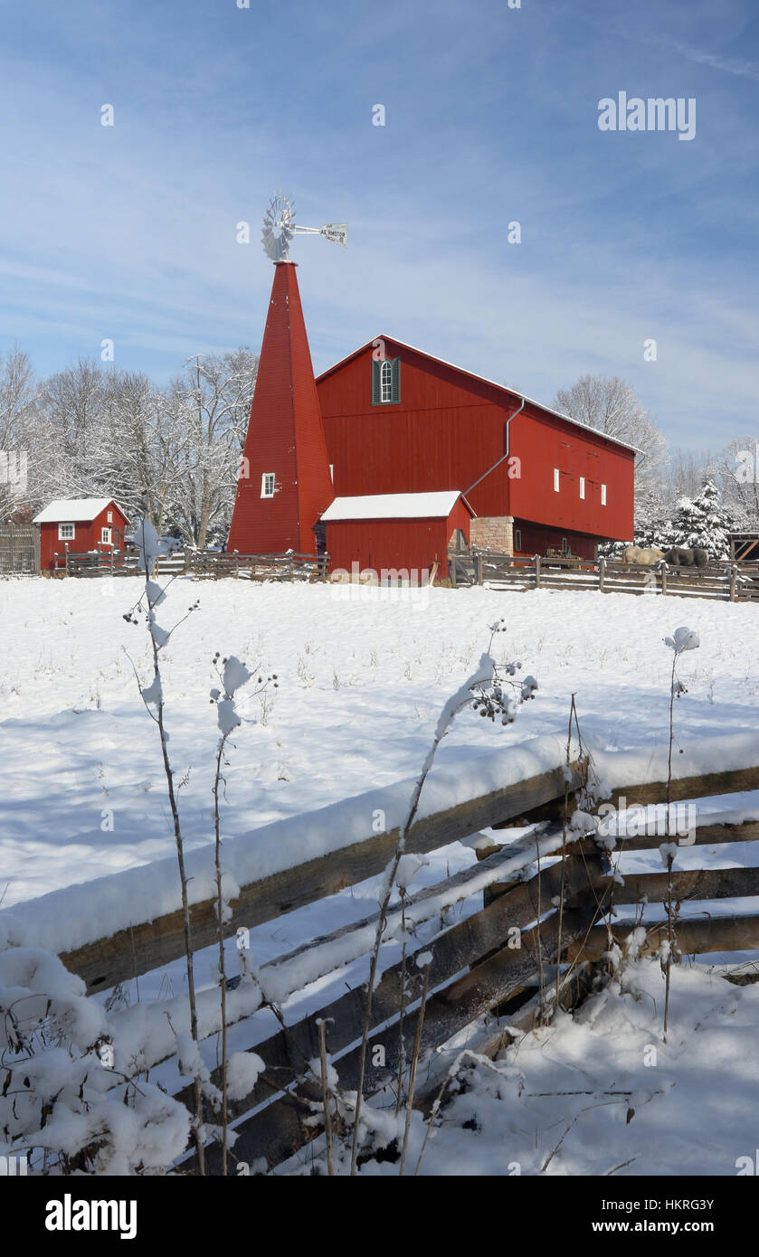 Red Barn In Winter Snow. Historic Barn. Old red barn at Daniel Arnold ...