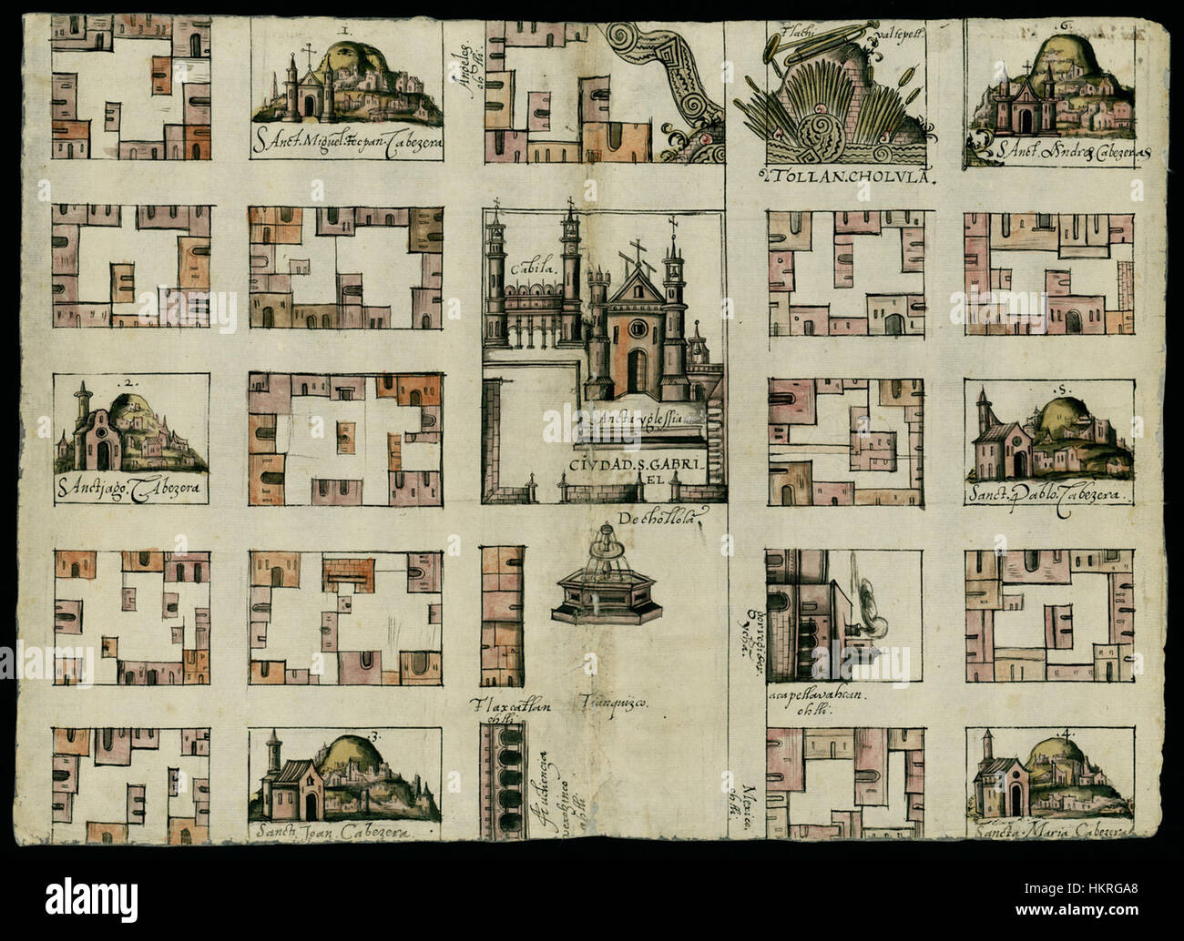 This historical map illustration shows Cholula in Tlaxcala, Mexico, an ...