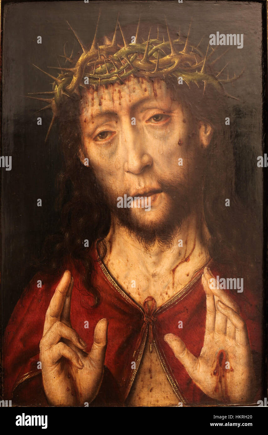 Albrecht Bouts' painting 'Christ Crowned with Thorns' depicts a moment ...