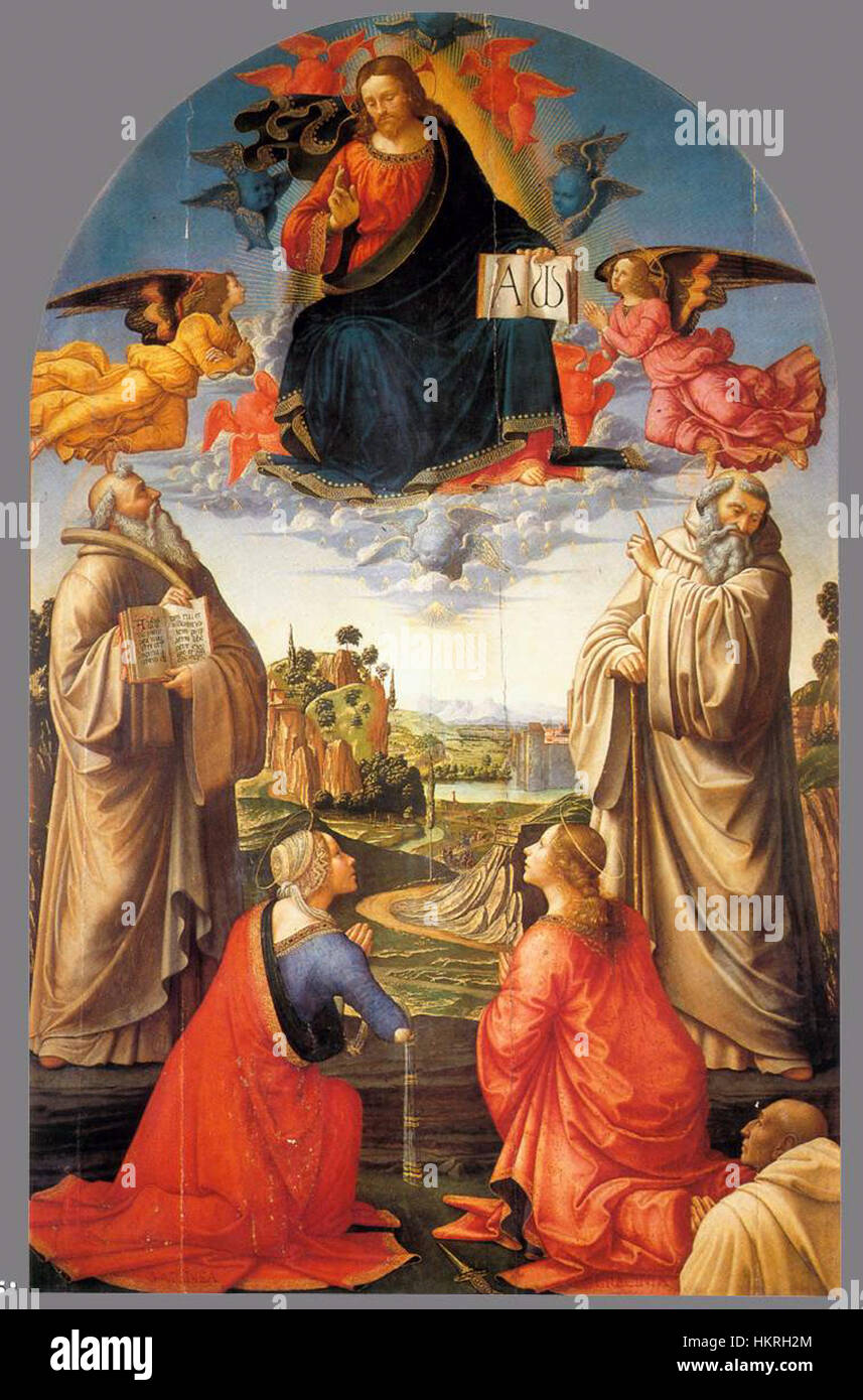 'Christ in Heaven with Four Saints and a Donor' is an oil painting ...