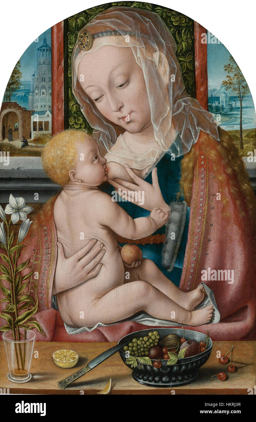 'Maria Lactans,' painted by the Circle of Joos van Cleve, depicts the Virgin Mary breastfeeding ...