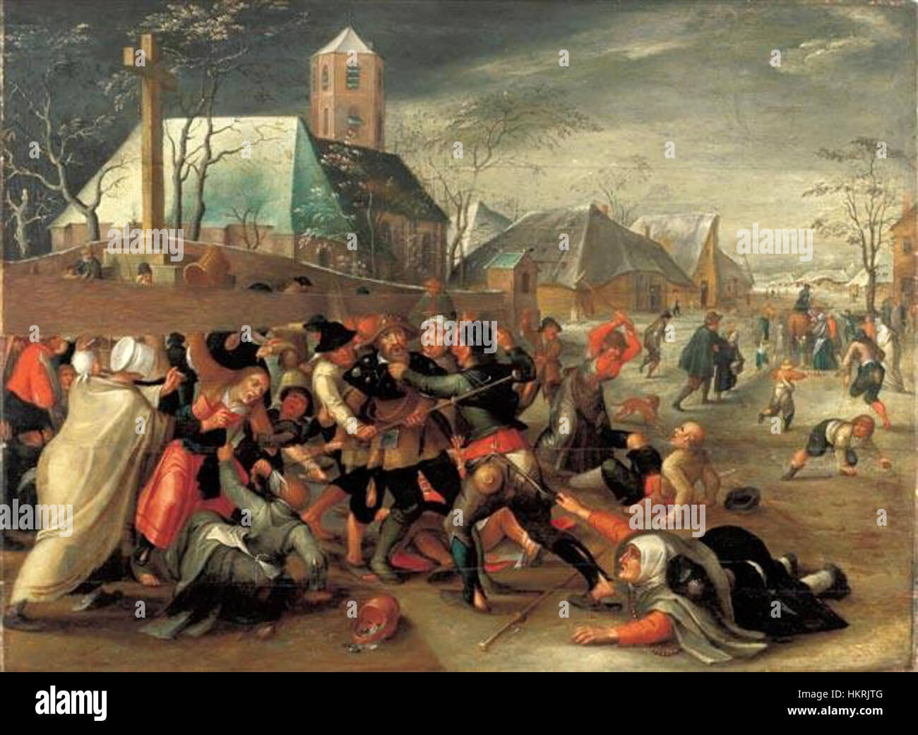 The artwork *Cleve Peasants fighting a pilgrim* depicts a scene of ...