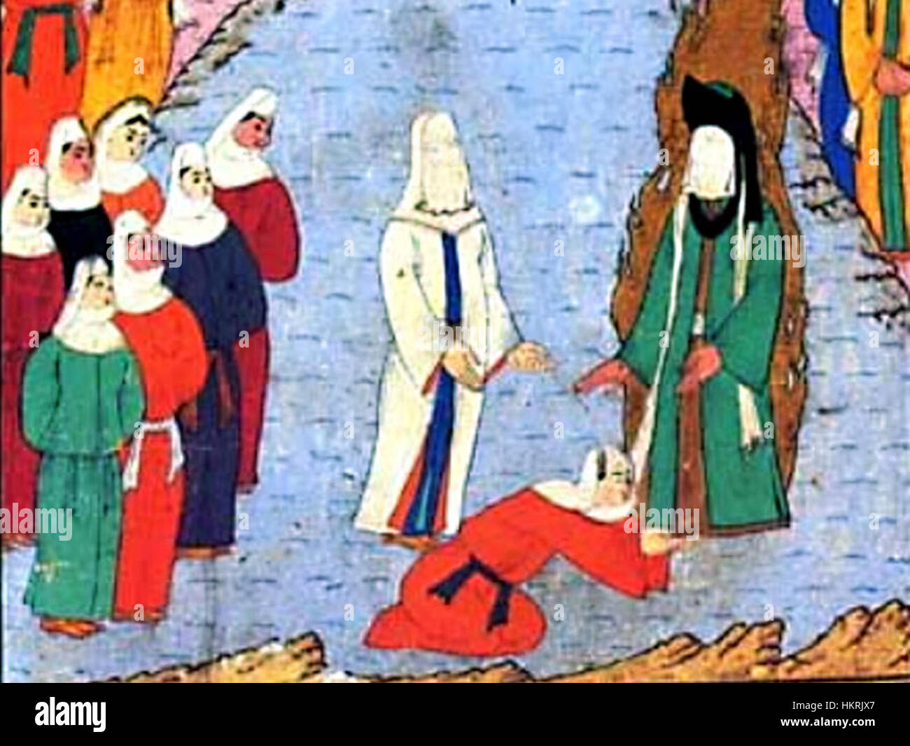This artwork presents a historical scene from early Islamic history ...