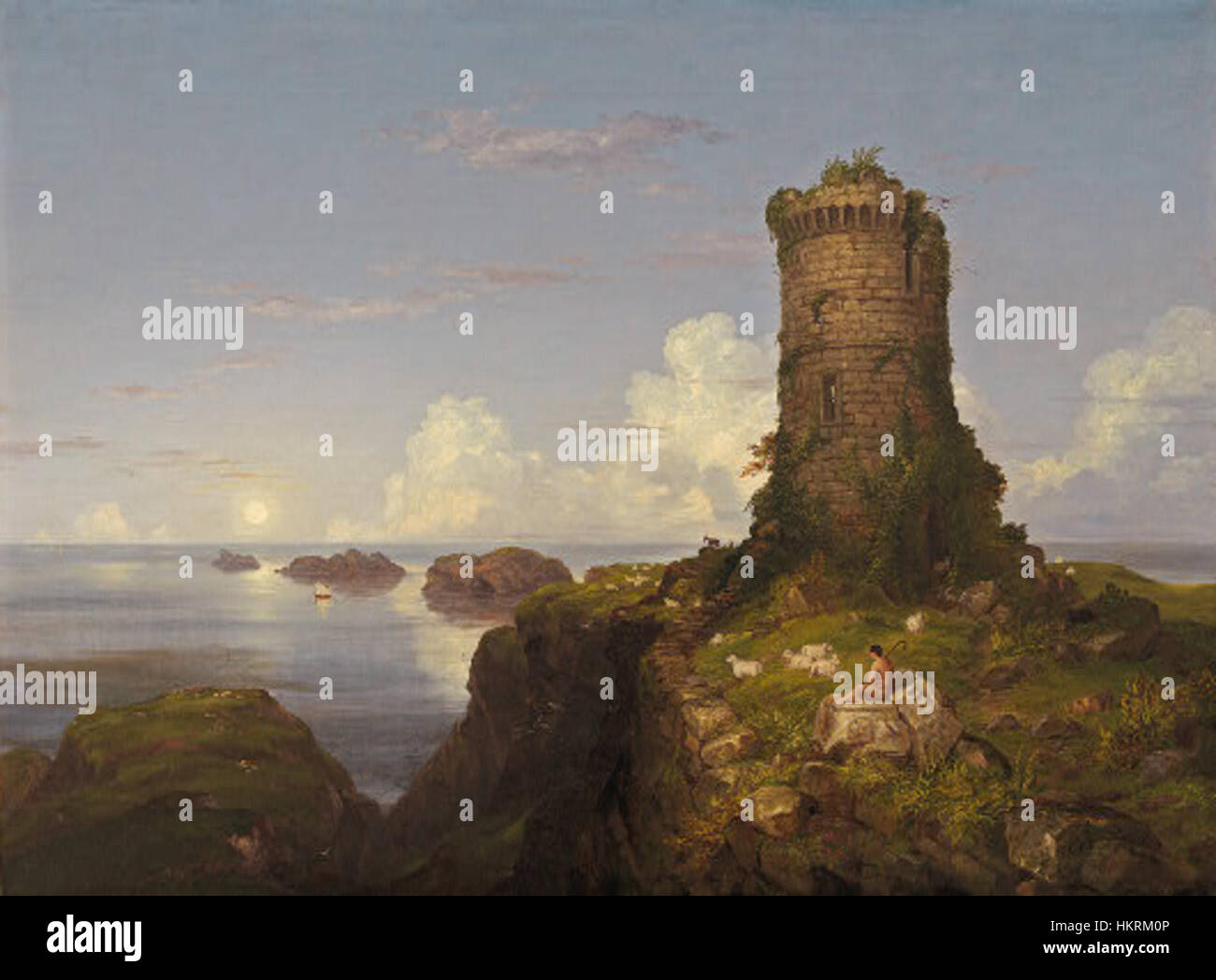 Thomas Cole’s *Romantic Landscape with Ruined Tower* (1838), a ...