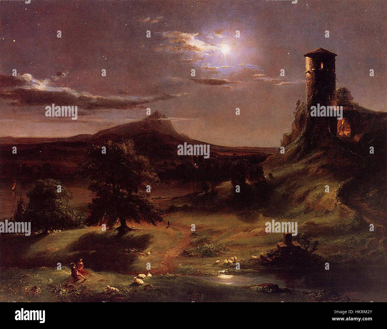 Thomas Cole's painting 'Moonlight,' created between 1833 and 1834, is a ...