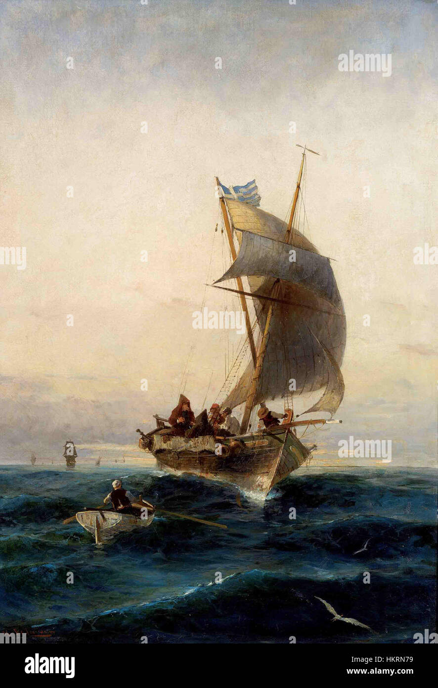 Constantine Volanakis's painting *Fishing Boat on Choppy Waters ...