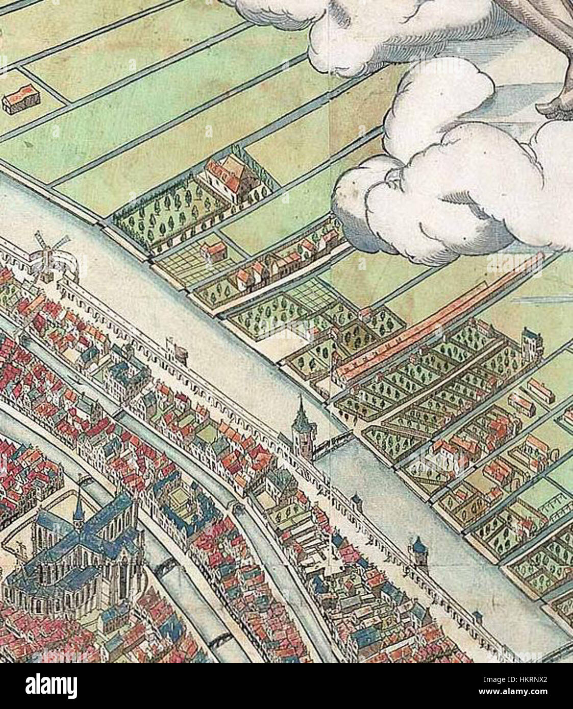 This detailed map by Cornelis Anthonisz. shows an aerial view of Amsterdam, offering insights ...