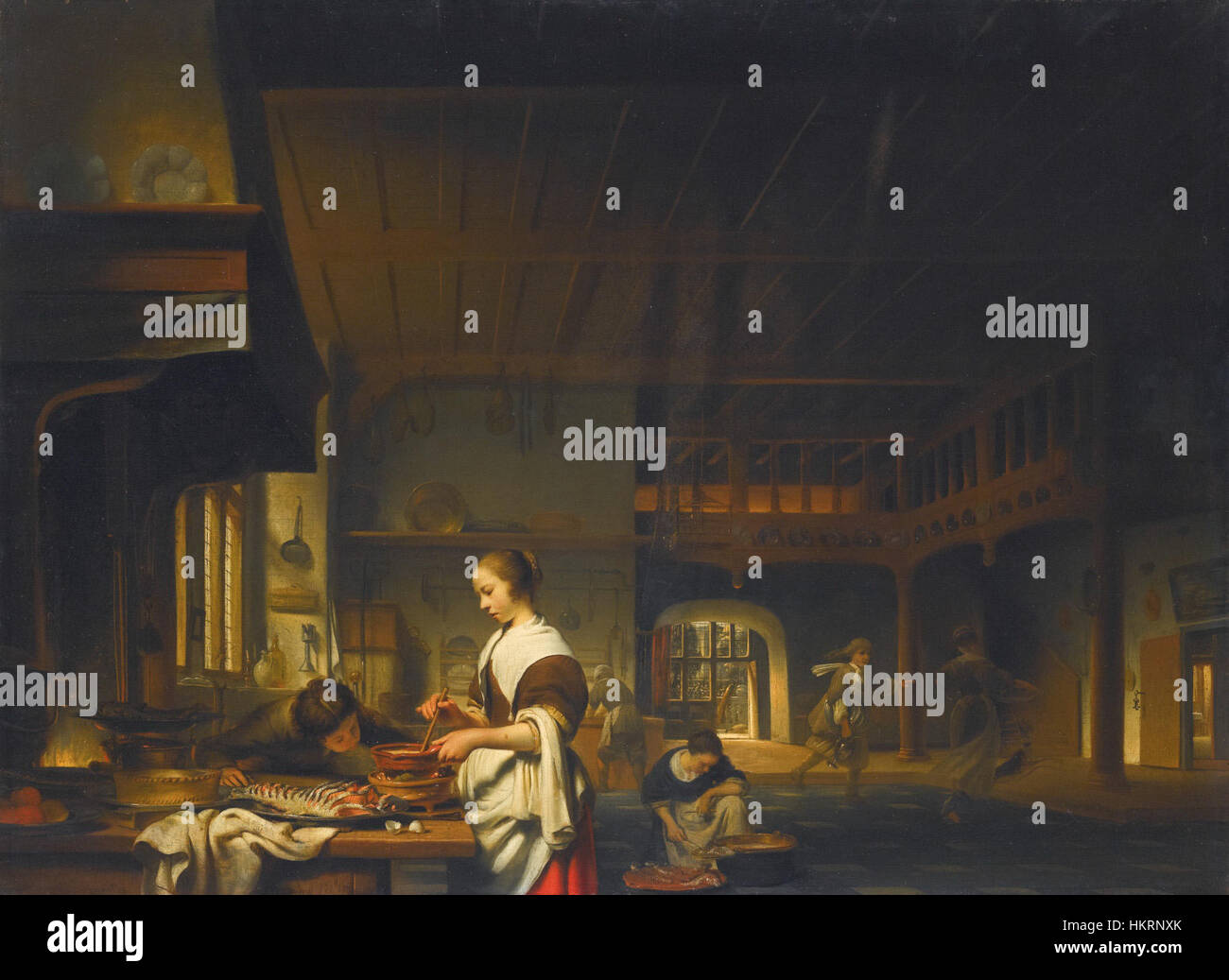 *Kitchen interior with a woman cooking and a boy blowing flames* by ...