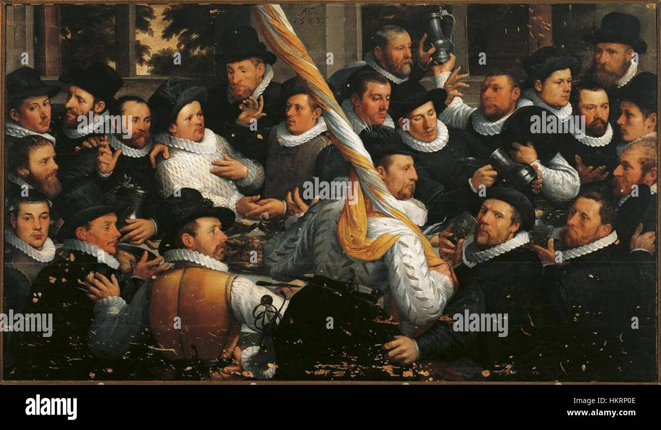 This painting by Cornelis Cornelisz van Haarlem depicts a banquet scene of the Haarlem ...