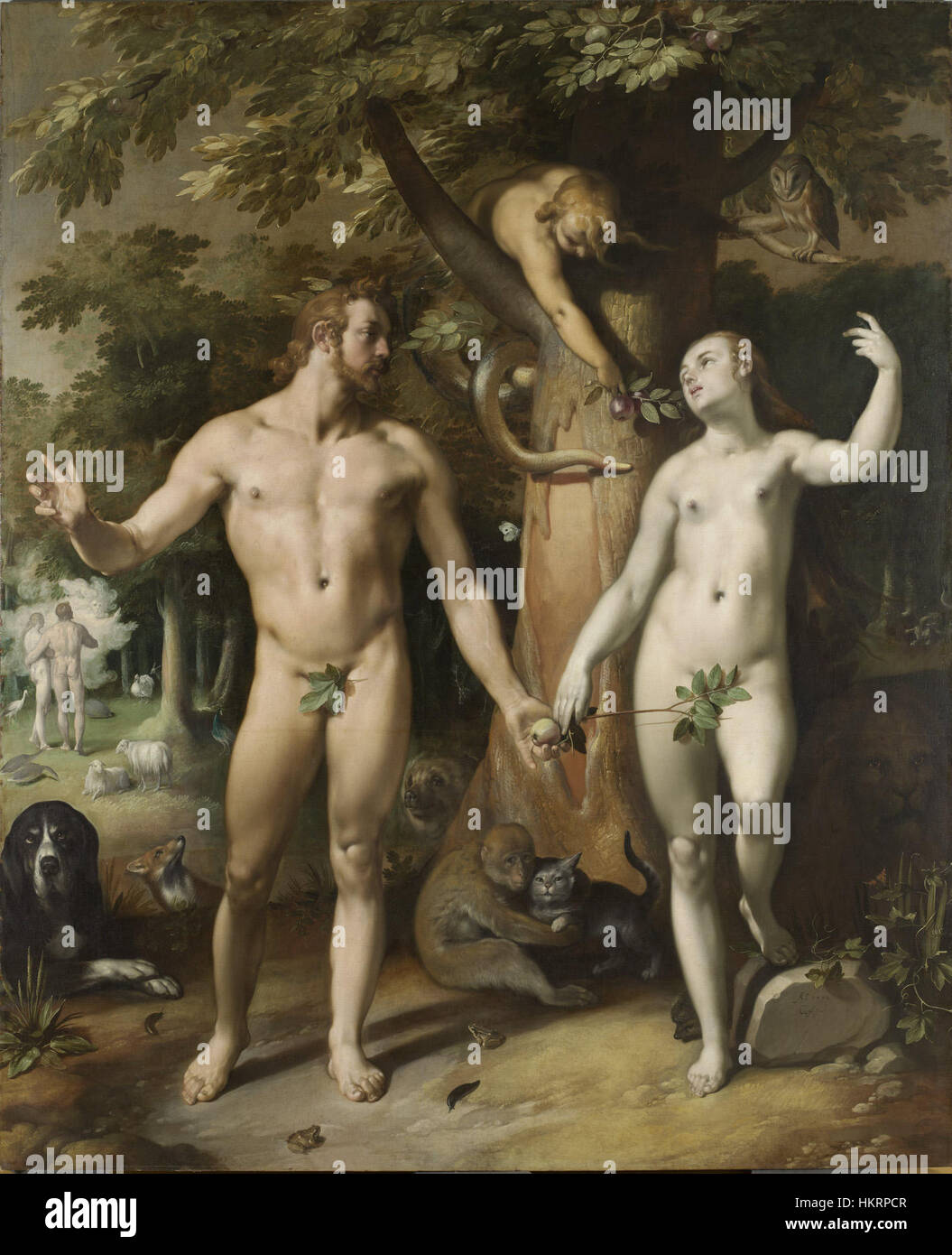 'De Zondeval' by Cornelis van Haarlem is a dramatic oil painting depicting the Biblical story of ...