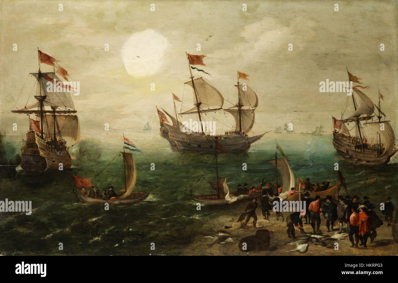 Cornelius Verbeek's painting 'Marine met drie grote zeilschepen ...