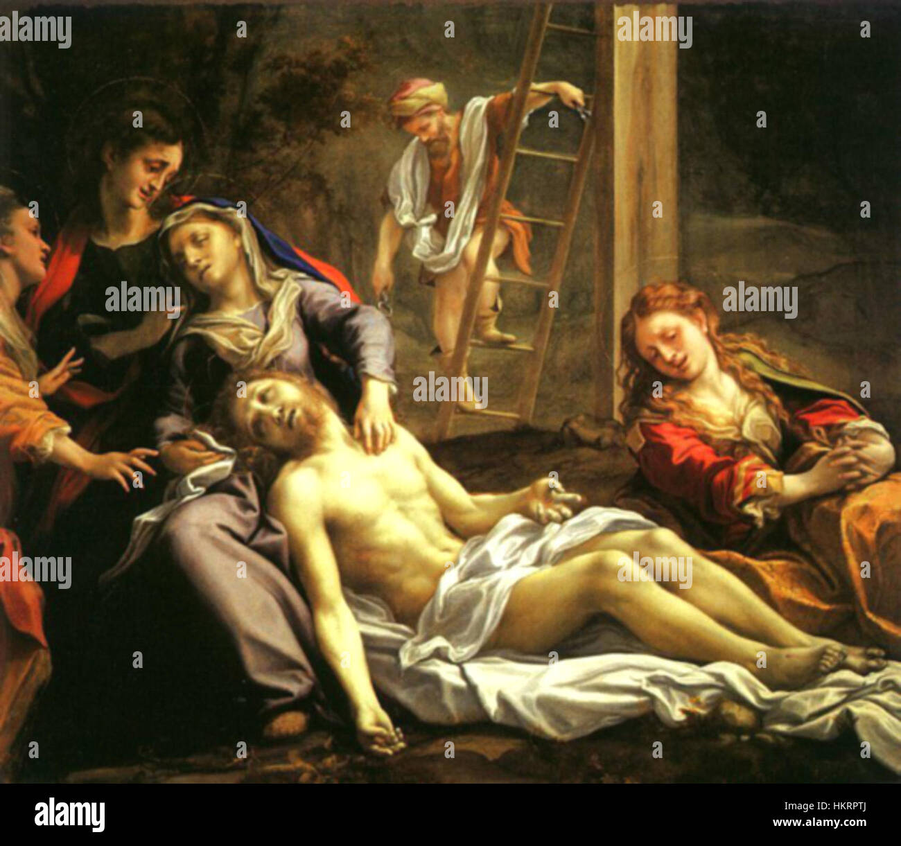This painting by Correggio depicts a 'Compianto,' a mournful scene of the lamentation over ...