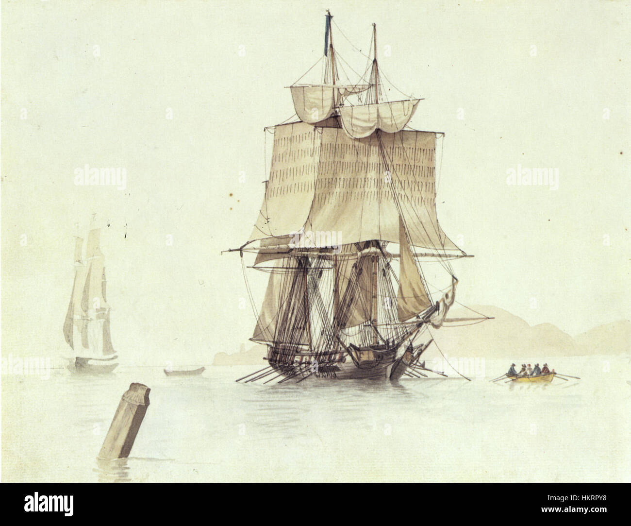 A painting by Antoine Roux, titled 'Corsaire encalmine,' illustrating a ...