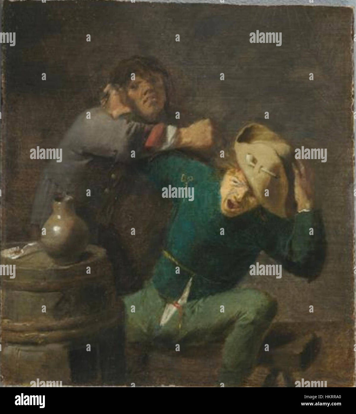 Adriaen Brouwer's painting Two Brawling Peasants with a Barrel depicts ...