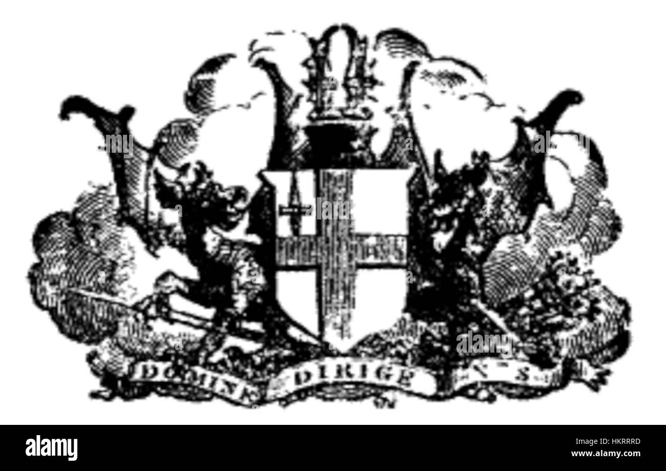 This artwork features a detailed depiction of a heraldic crest, likely ...