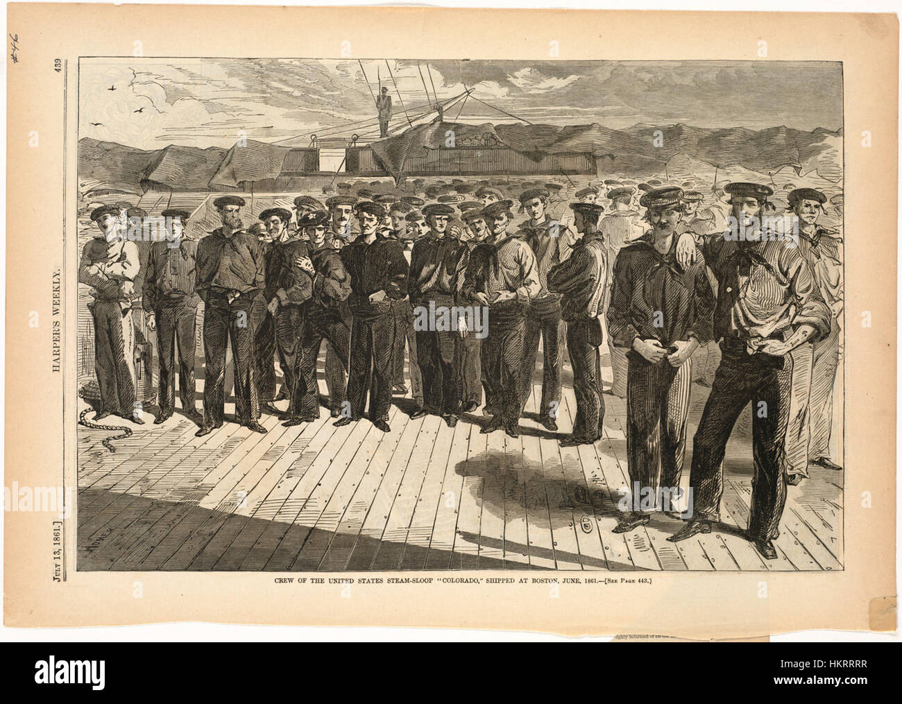 This historical painting depicts the crew of the USS Colorado, a steam ...