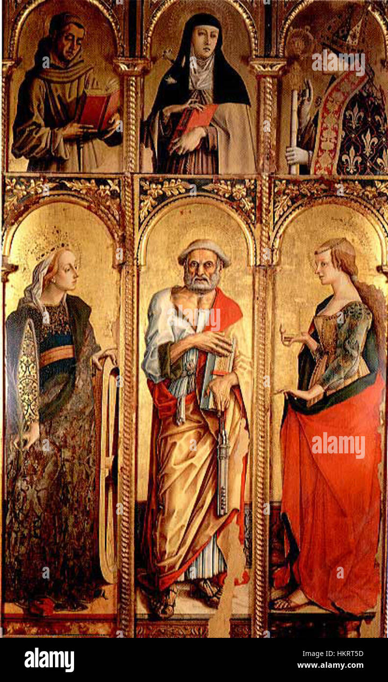 This altarpiece, 'Trittico di Montefiore' by Carlo Crivelli, features a central panel depicting ...