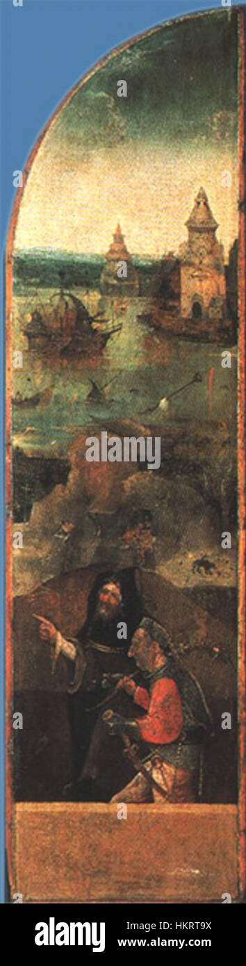 This somber artwork portrays a crucified martyr, capturing the raw ...