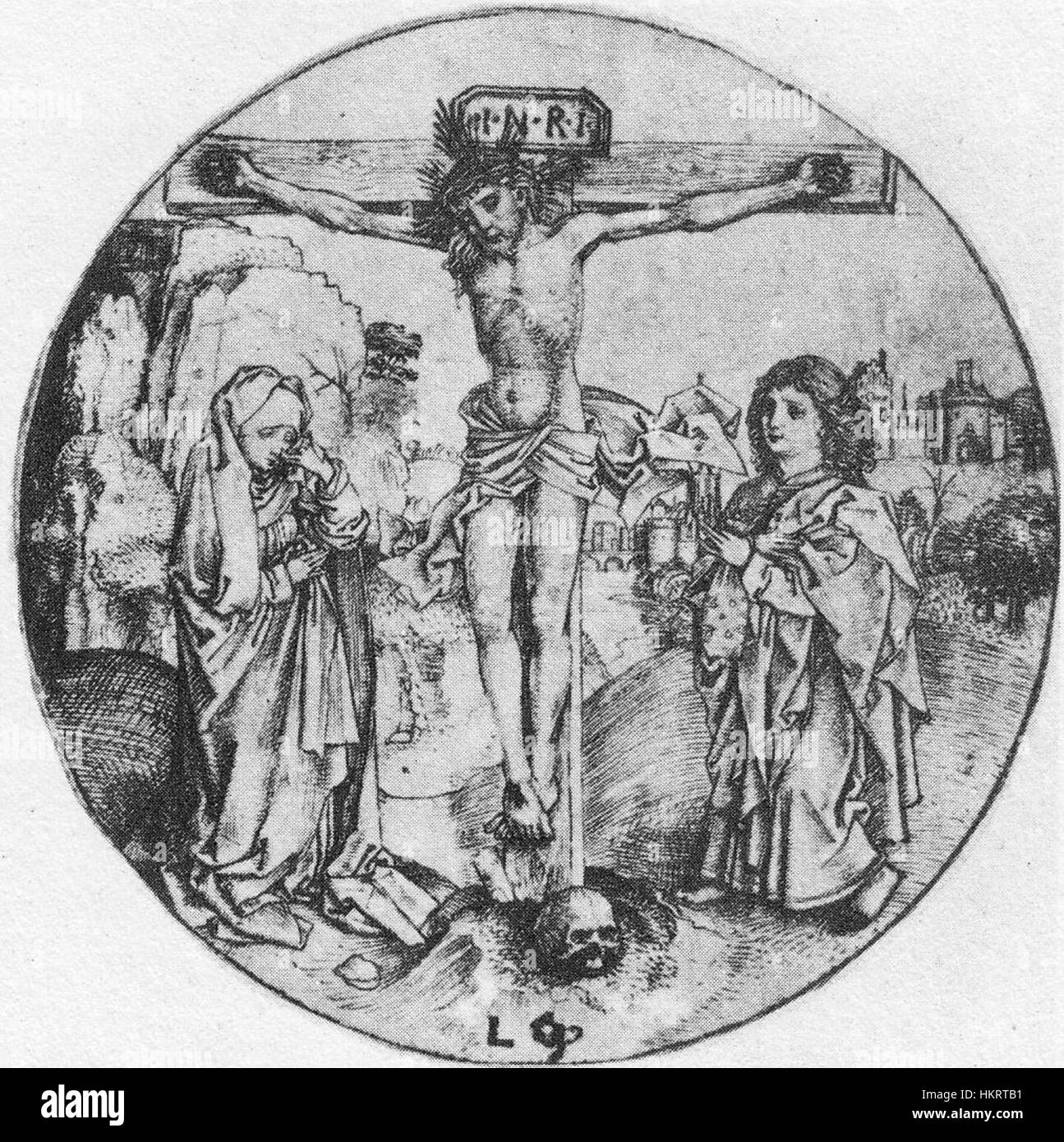 The painting titled 'Crucifixion LCZ' depicts the traditional Christian ...