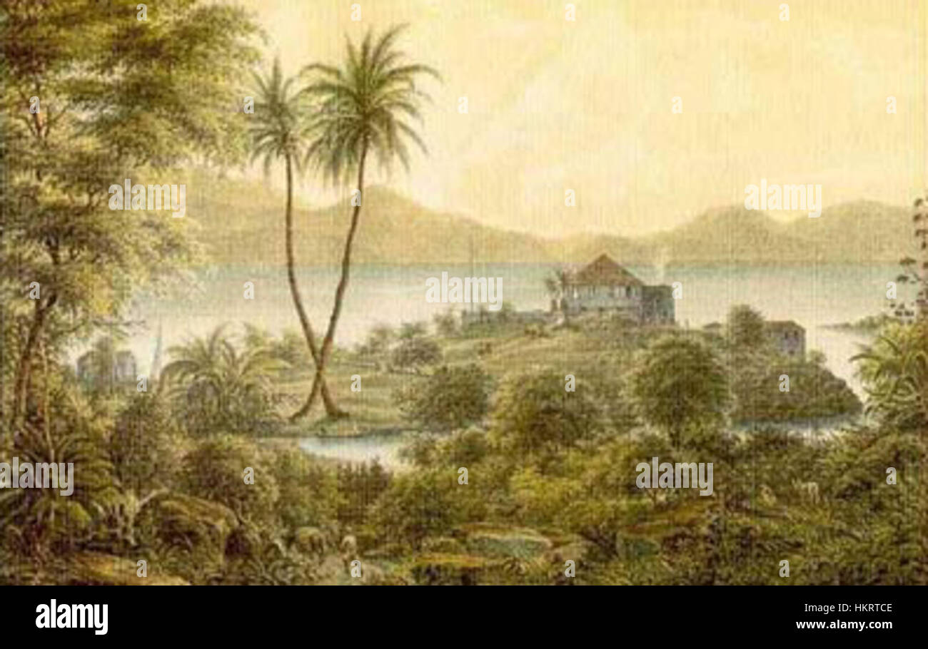 A painting by Fritz Melbye titled 'Cruz Bay Battery,' depicting the ...