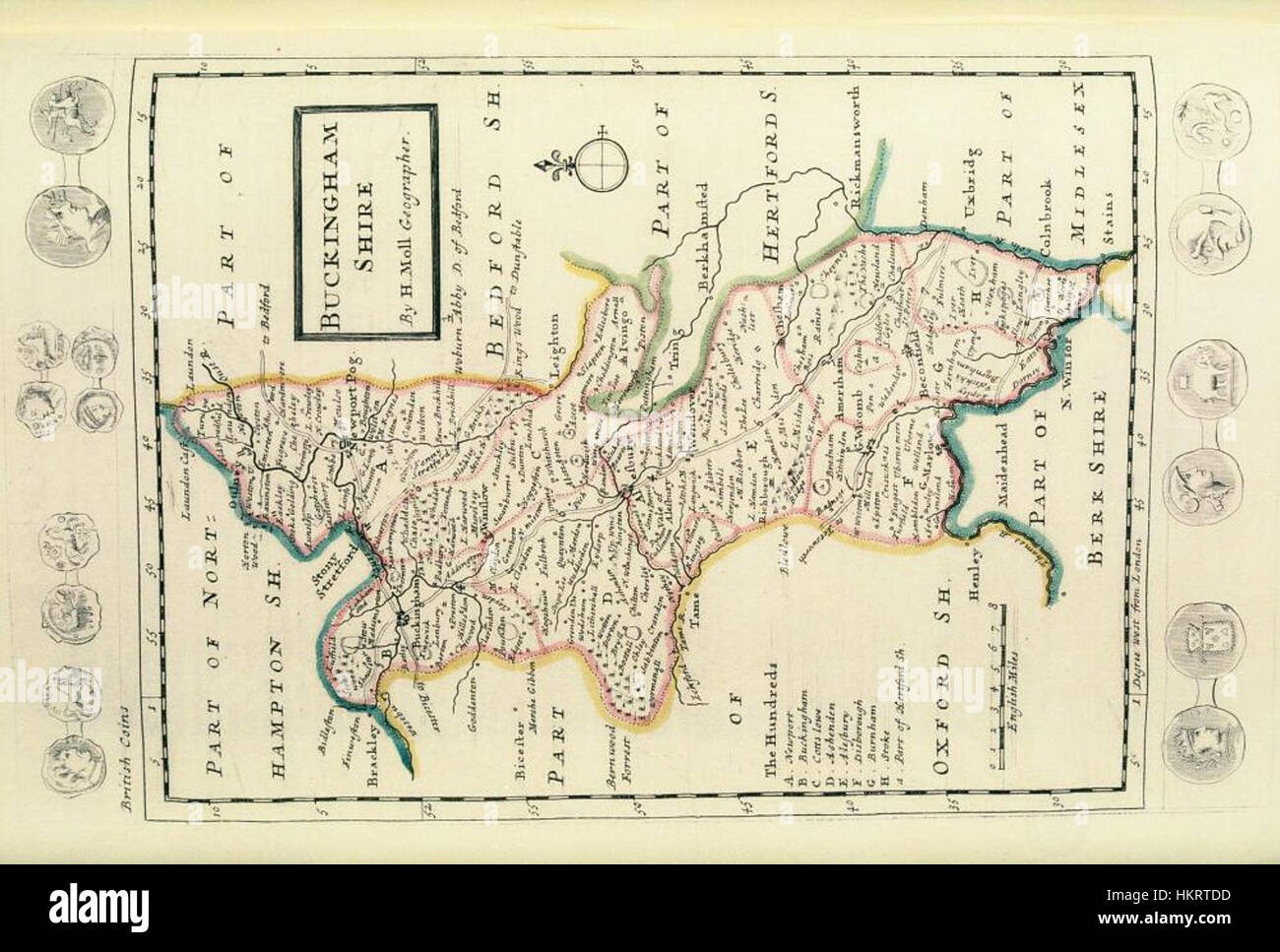 This map by Herman Moll depicts Buckinghamshire, England, showcasing ...