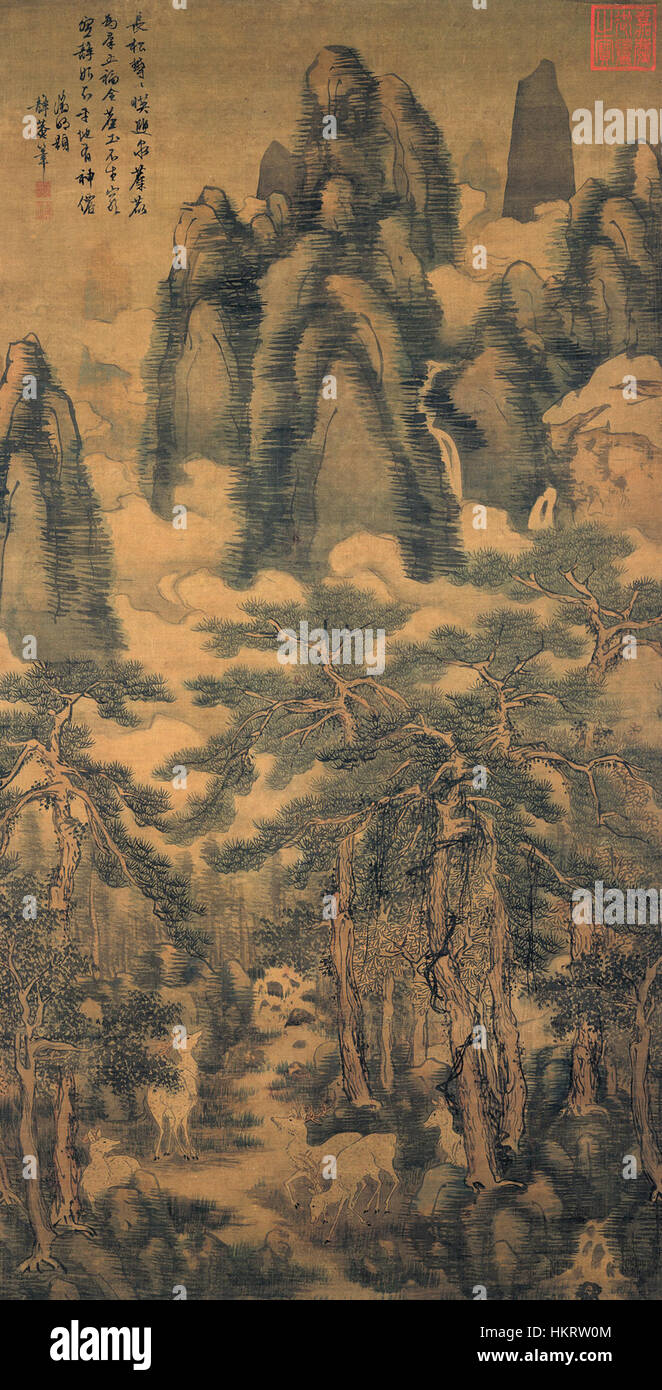 Dai Jin-Tall Pine Trees and Five Deer Stock Photo - Alamy