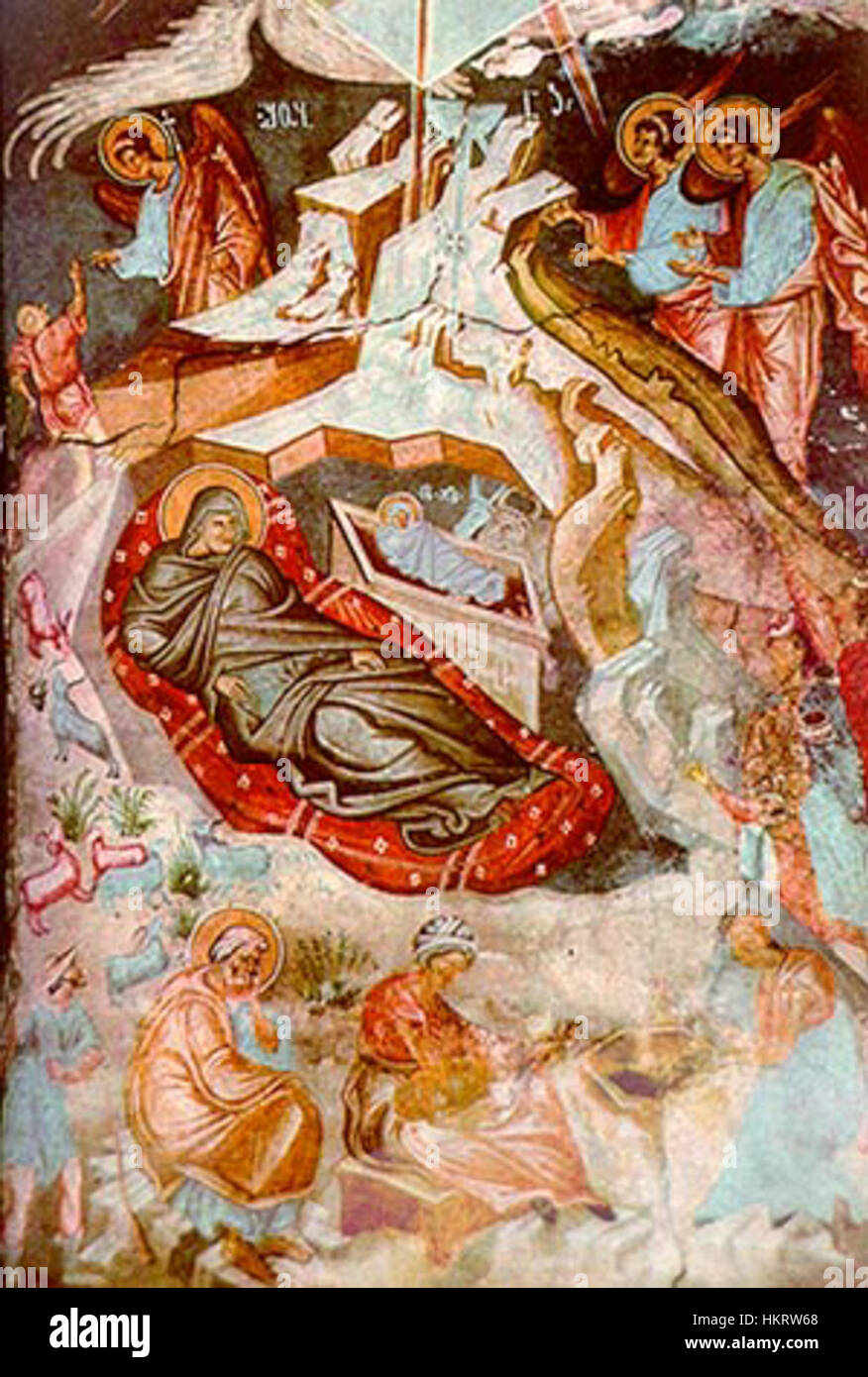 This artwork titled 'The Nativity' depicts the birth of Jesus Christ in ...