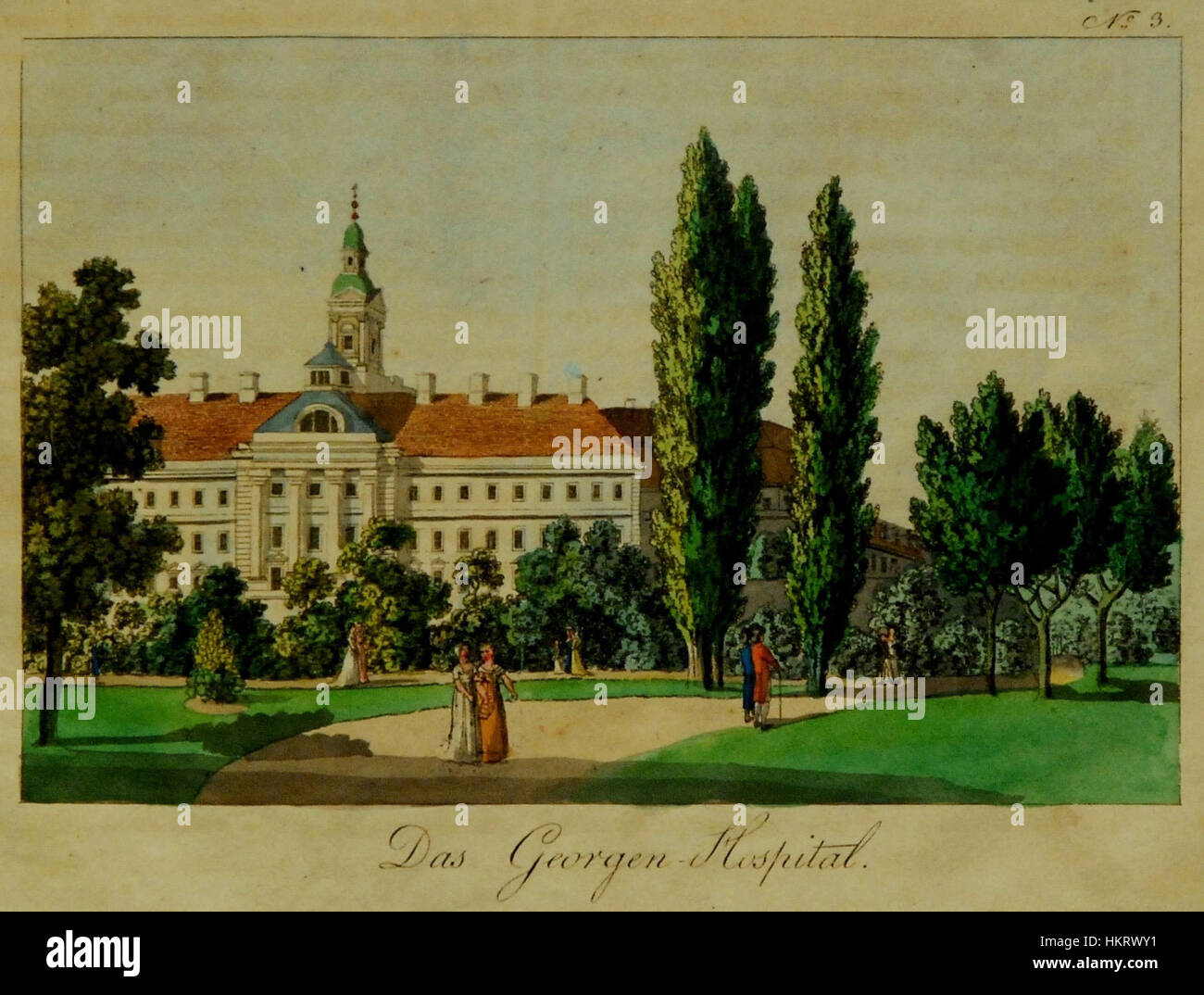 This historical painting depicts the Georgen-Hospital in Leipzig ...