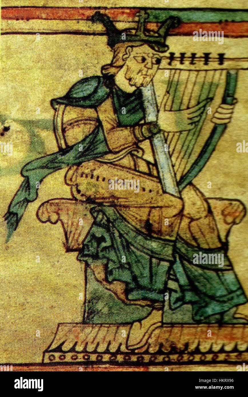 This painting depicts King David seated on his throne, a central figure ...