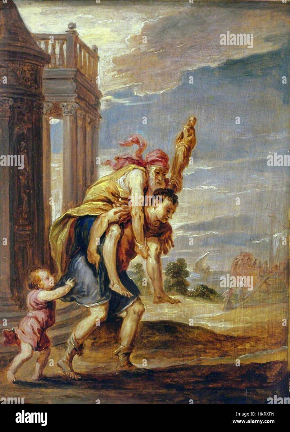 'Aeneas Fleeing Troy' by David Teniers is an oil painting depicting the ...
