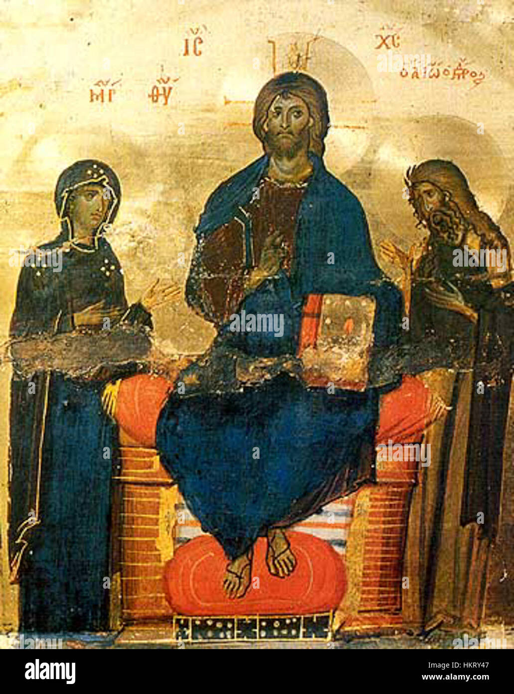 Deesis is an iconic religious painting depicting Christ and the Virgin Mary flanked by saints, a ...