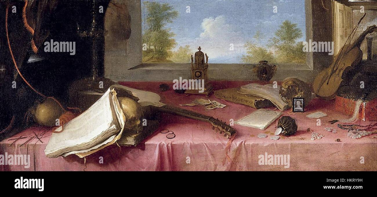 This vanitas still life by Deleito depicts symbolic objects ...